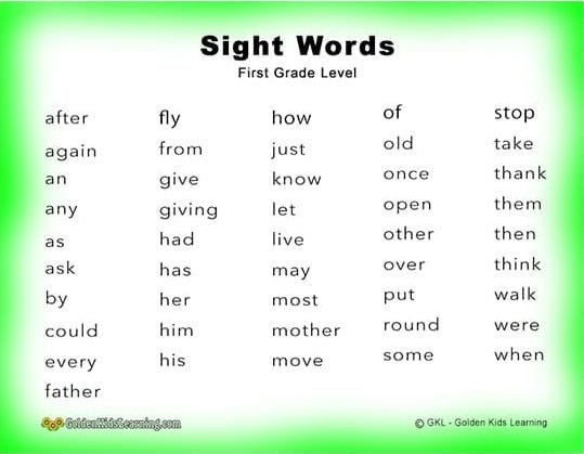 First Grade Level Sight Words
